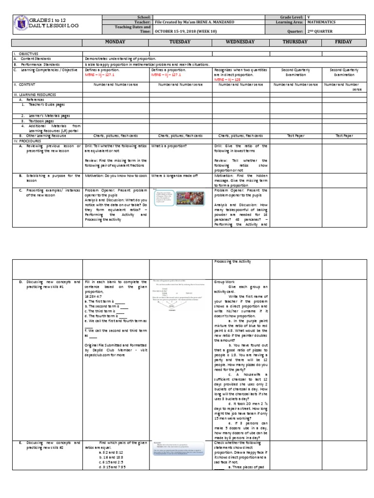 DLL - Mathematics 5 - Q2 - W10 | PDF | Ratio | Teachers