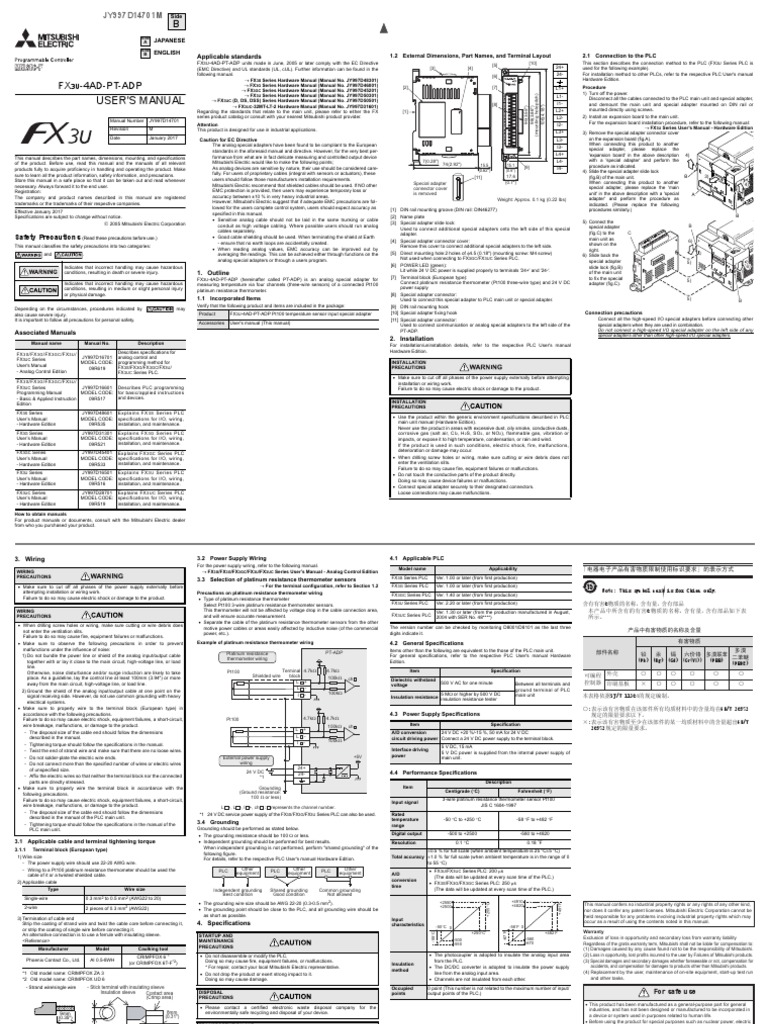 User'S Manual: FX - 4AD-PT-ADP | PDF | Electrical Wiring | Programmable ...