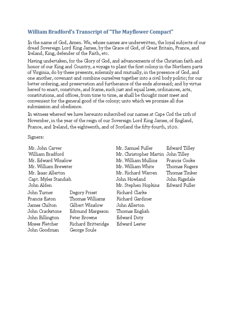 Bradford's Mayflower Compact Transcript | PDF