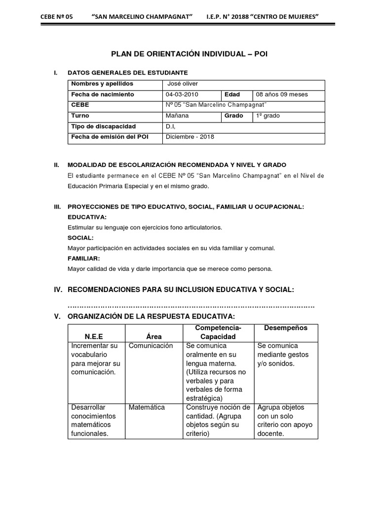 Plan de Orientacion Individual | PDF | Salón de clases | Aprendizaje