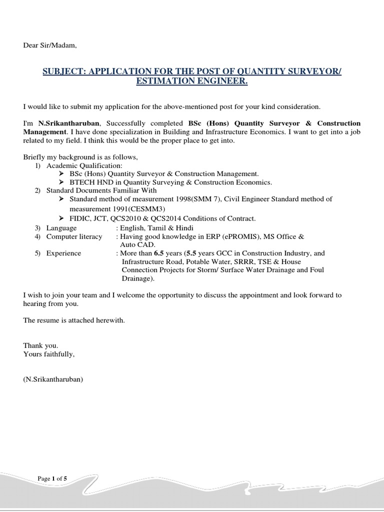 Quantity Surveyor Application Submission | PDF | Business