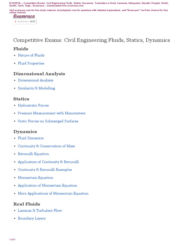 Civil Engineering Fluids Statics Dynamics | PDF | Fluid Dynamics ...