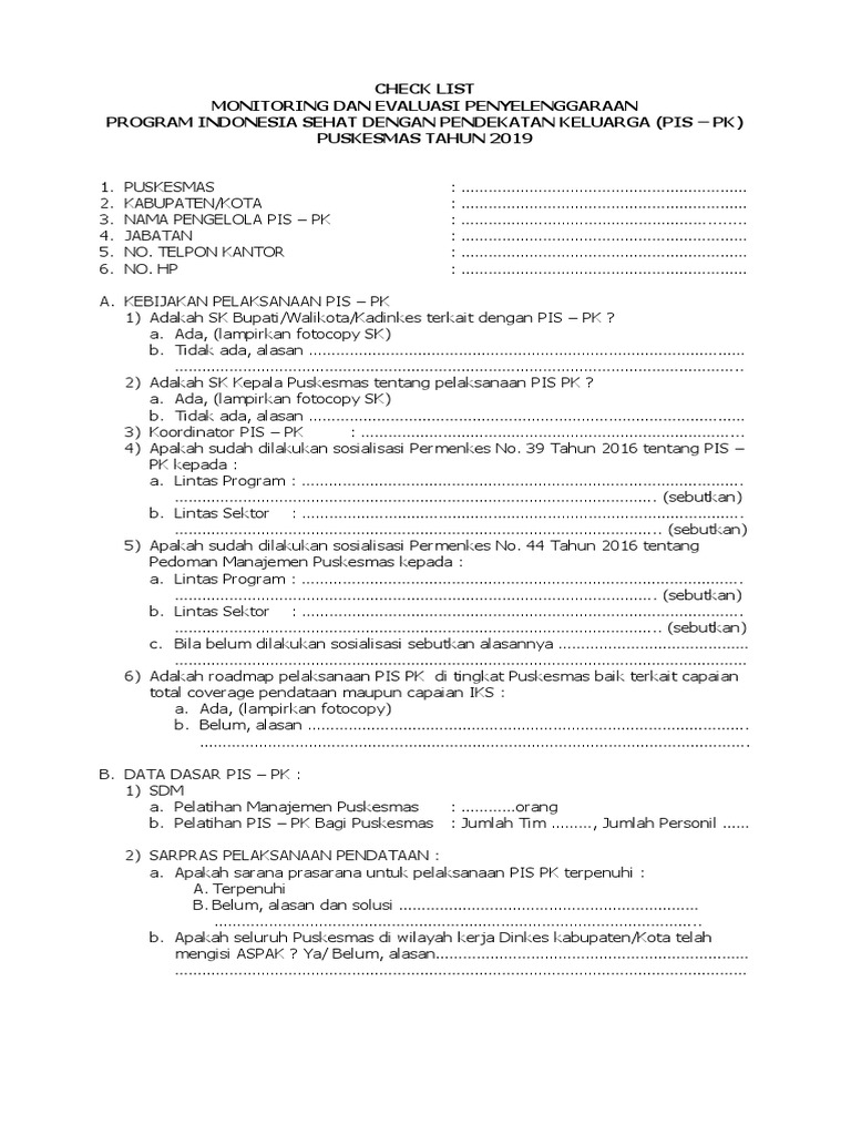 Check List Pis - PK Puskesmas Edit | PDF