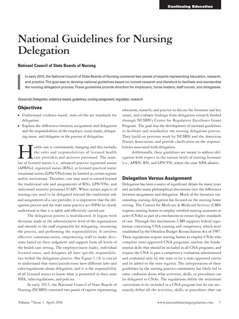 NCSBN Delegation Guidelines | PDF | Nursing | Advanced Practice Registered Nurse