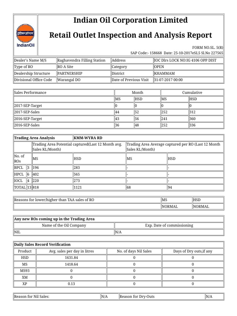 Retail Outlet Inspection Report for M/S Raghavendra Filling Station | PDF