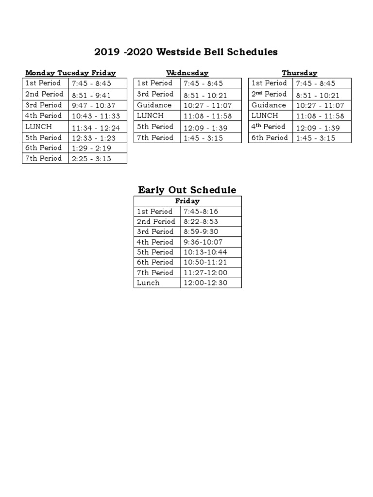 Westside High School Bell Schedule 19-20 | PDF