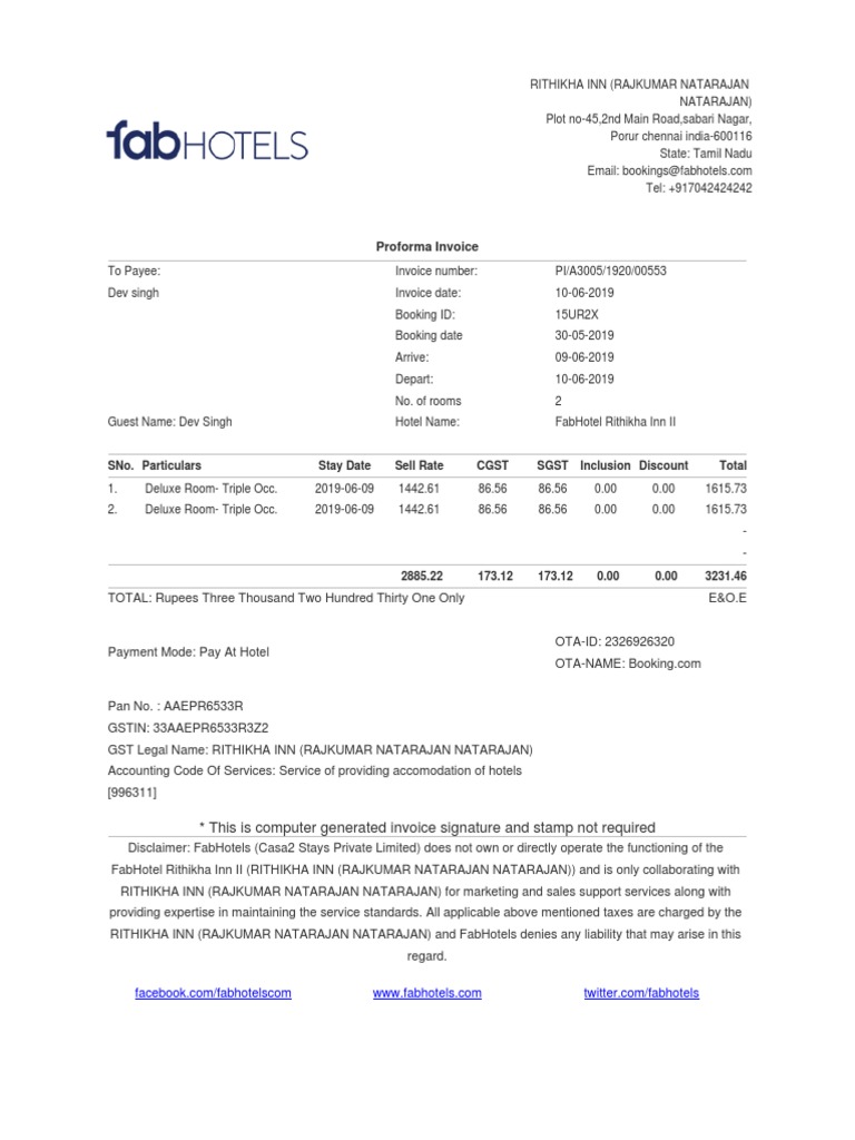FabHotel Proforma Invoice Details | PDF | Invoice | Services (Economics)