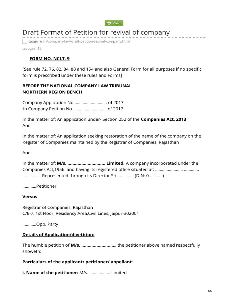 Petition Draft for Company Revival | PDF | Jurisdiction | Common Law