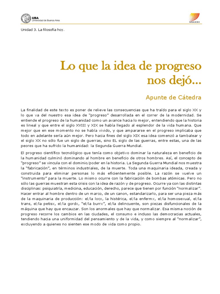 Filosofía UBA 21 Unidad 3. Lo Que La Idea de Progreso Nos Dejó (Campus) | PDF | Homo Sapiens ...