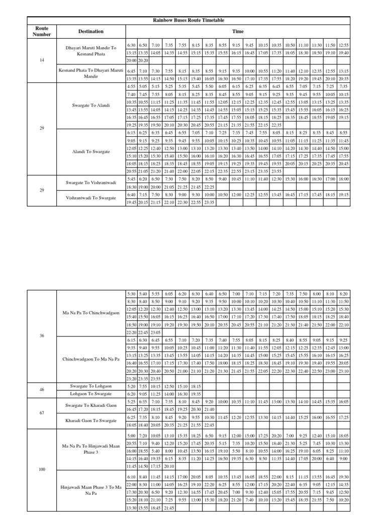 Rainbow Bus Timetable Overview | PDF