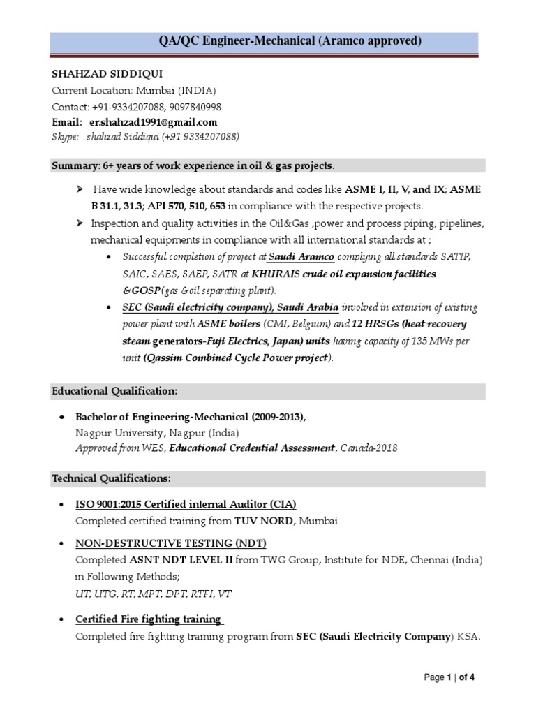 QA/QC Engineer-Mechanical (Aramco Approved) | PDF | Quality Assurance | Welding