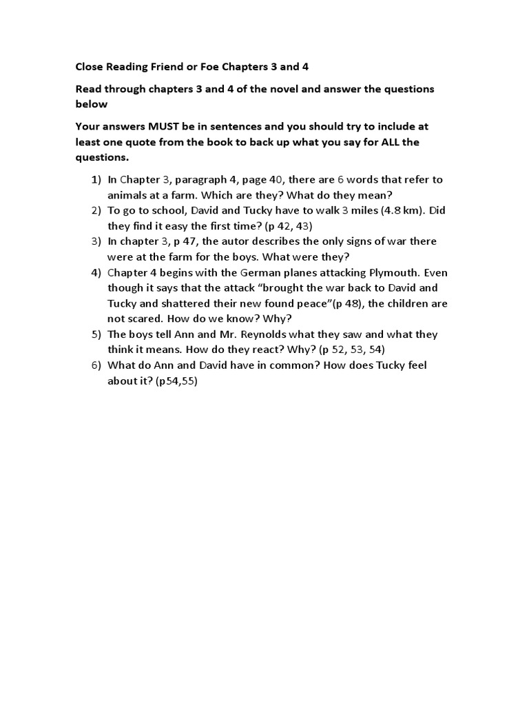 Close Reading Friend or Foe Chapters 3 and 4 | PDF