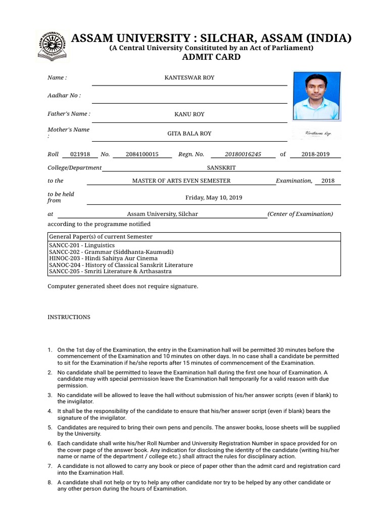 Assam University: Silchar, Assam (India) : Admit Card | PDF | Social ...
