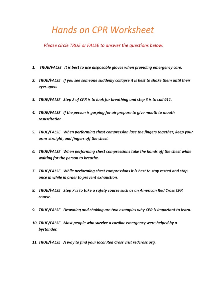 Hands On CPR Worksheet | PDF | Cardiopulmonary Resuscitation | First Aid