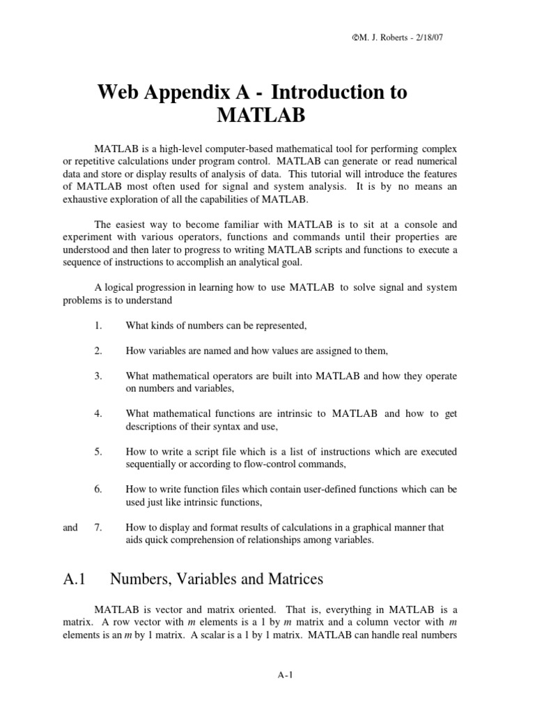 Web Appendix A - Introduction To Matlab: A.1 Numbers, Variables and ...