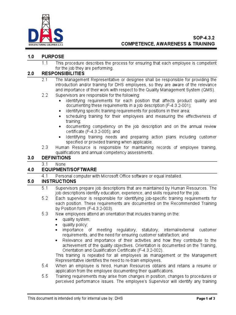 SOP-4.3.2 Competence, Awareness & Training | PDF | Competence (Human ...