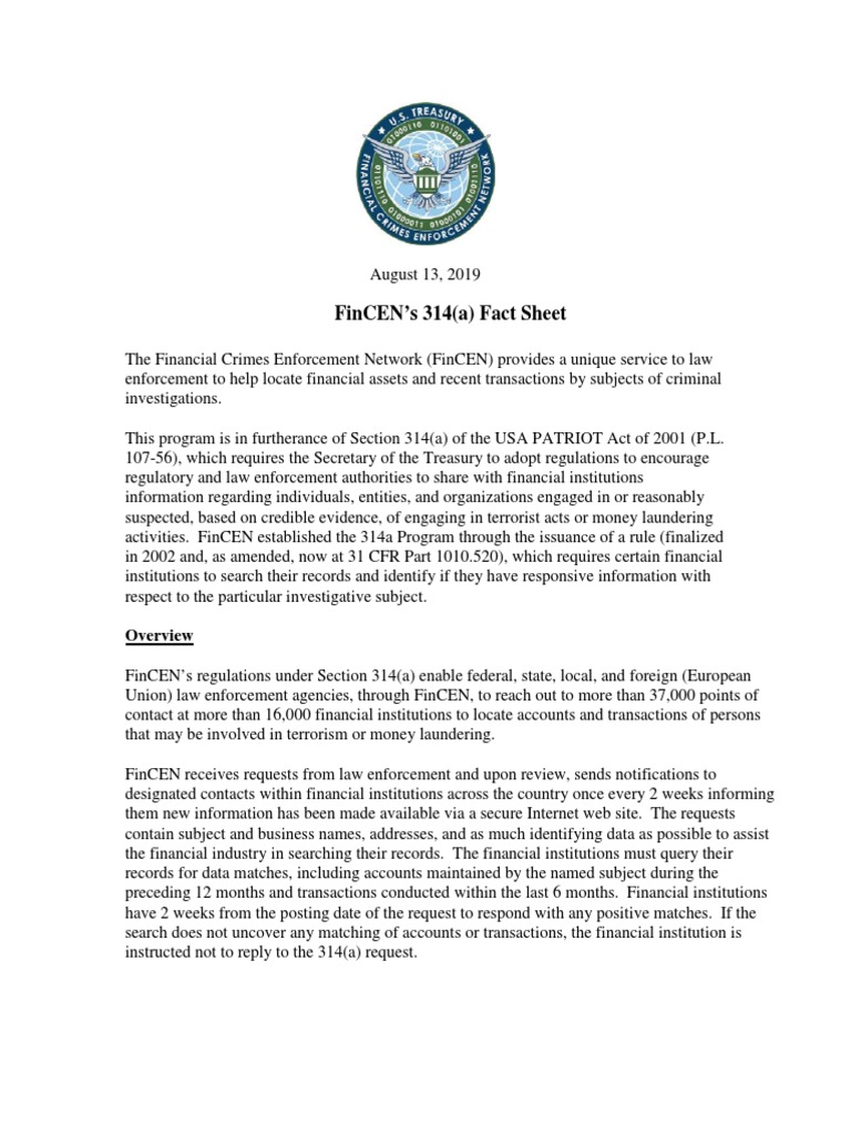 314 A Fact Sheet | PDF | Money Laundering | National Security