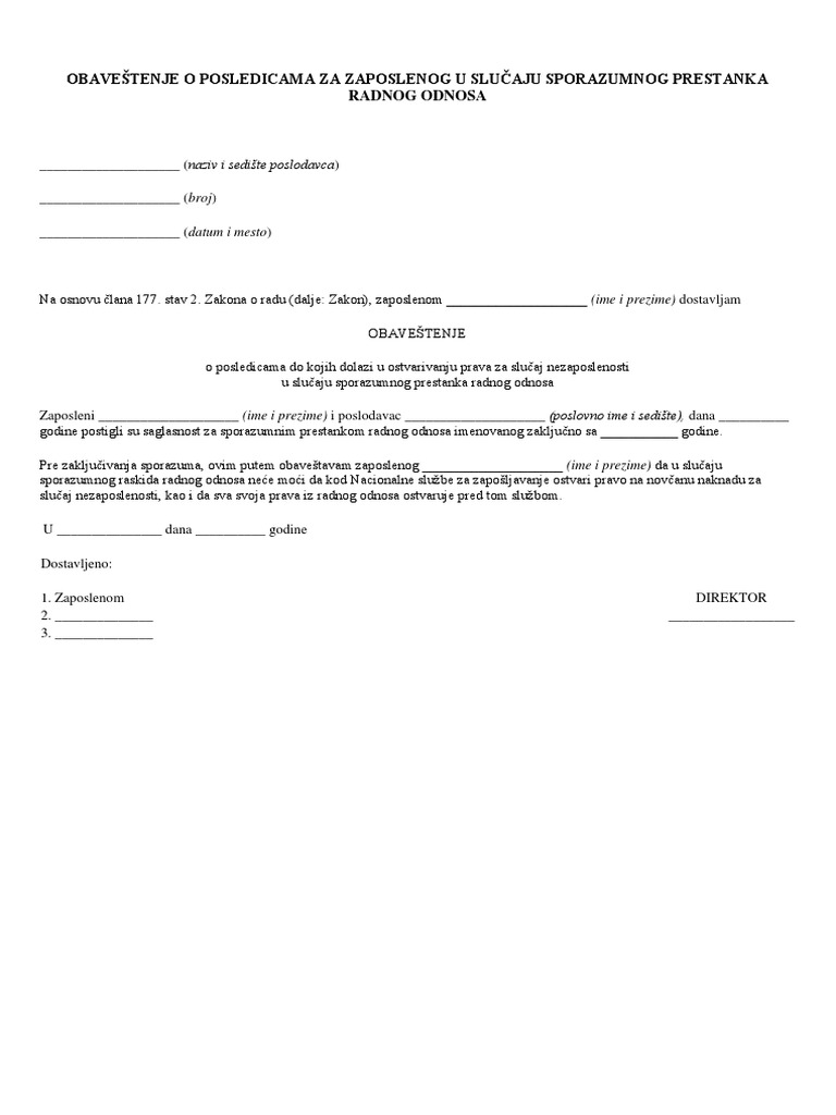 Obavestenje o Posledicama Za Zaposlenog U Slucaju Sporazumnog Prestanka Radnog Odnosa.1 | PDF