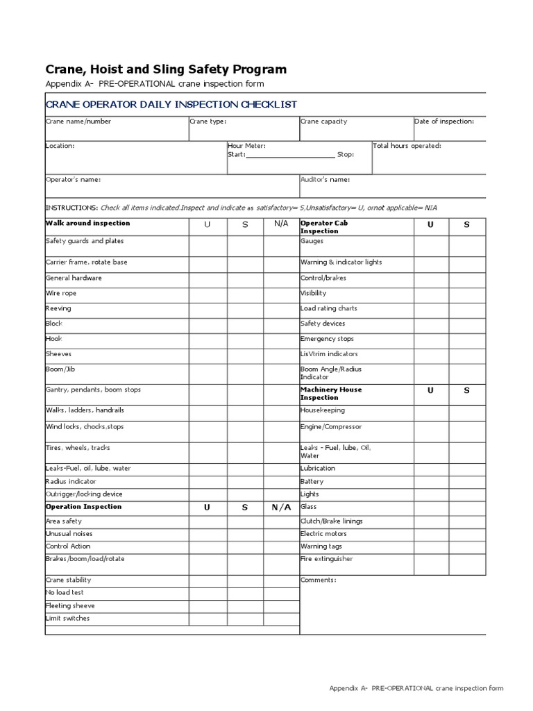 Crane, Hoist and Sling Safety Program: Crane Operator Daily Inspection ...
