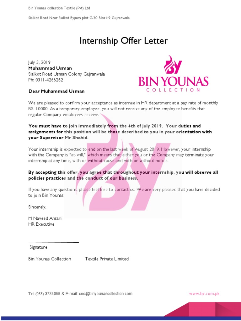 Internship Offer Letter Bin Younas Template | PDF | Government | Labor