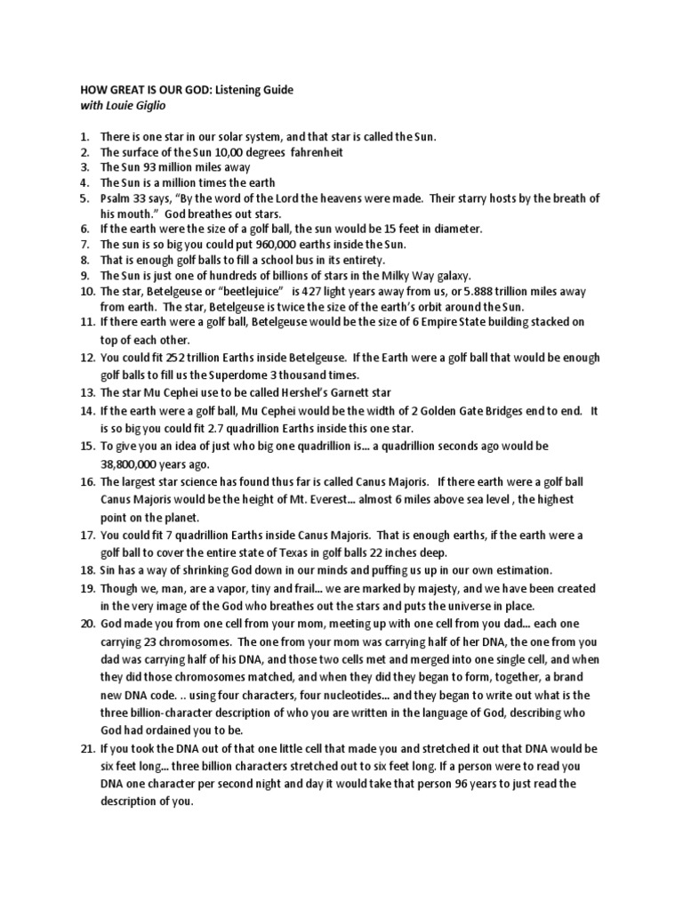 Listening Guide - How GREAT Is OUR GOD - Louie Giglio | PDF | Sun | Stars