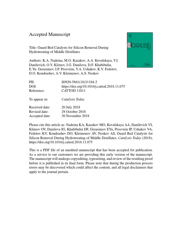 Guard Bed Catalysts For Silicon Removal During Hydrotreating of Middle ...