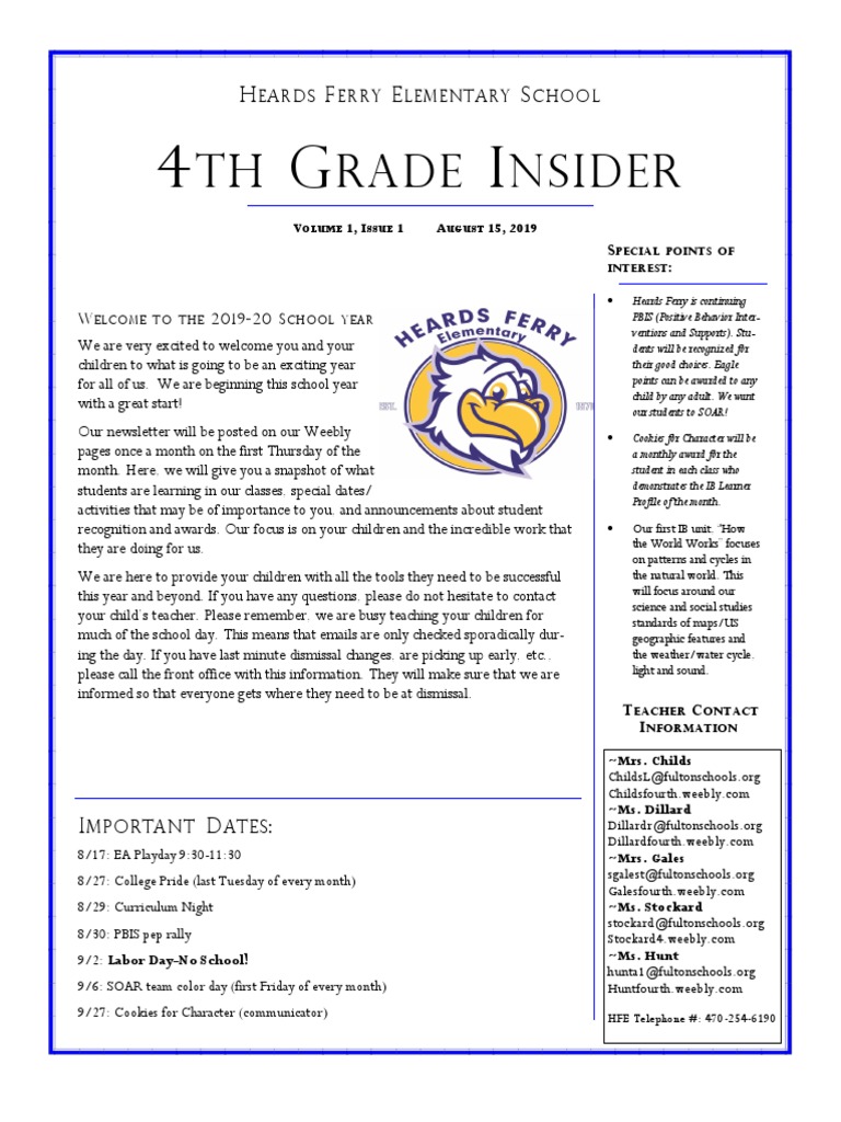 4th Grade Newsletter 8-15-19 | PDF | Education Theory | Psychology