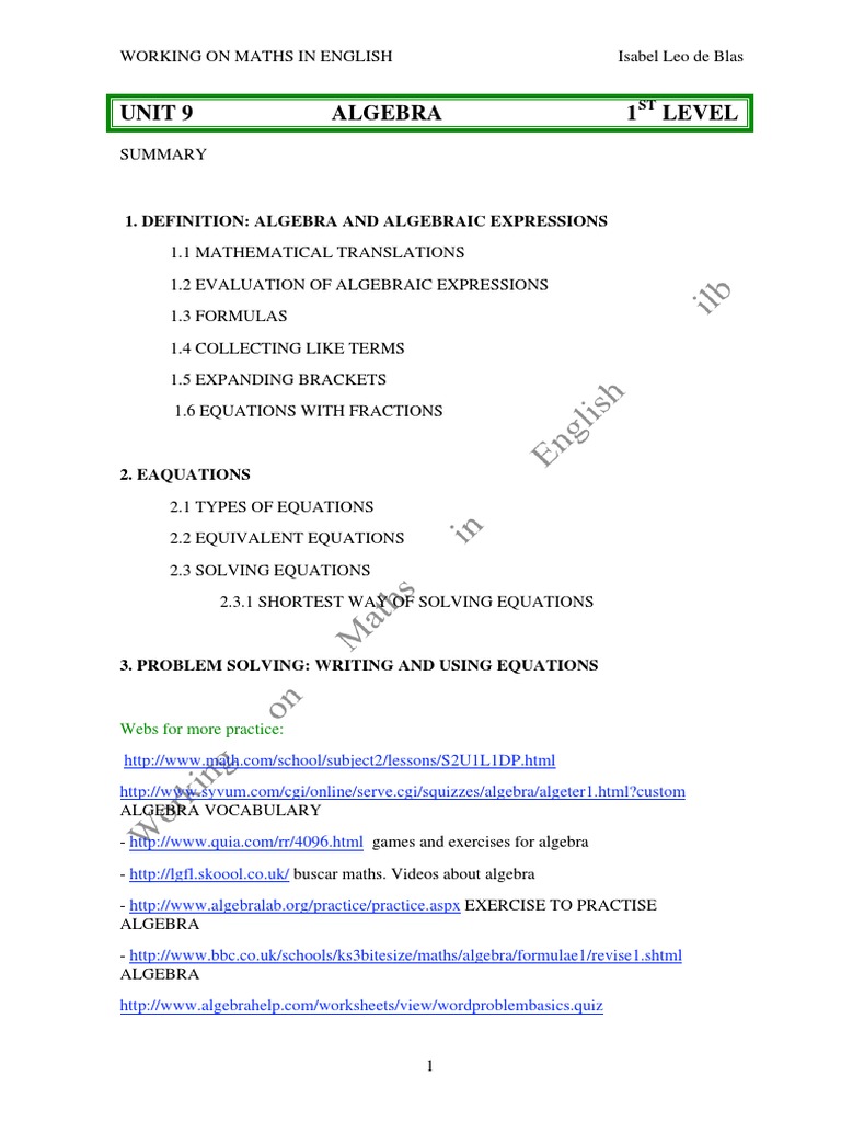 Unit 9 Algebra 1 Level: 1. Definition: Algebra and Algebraic ...