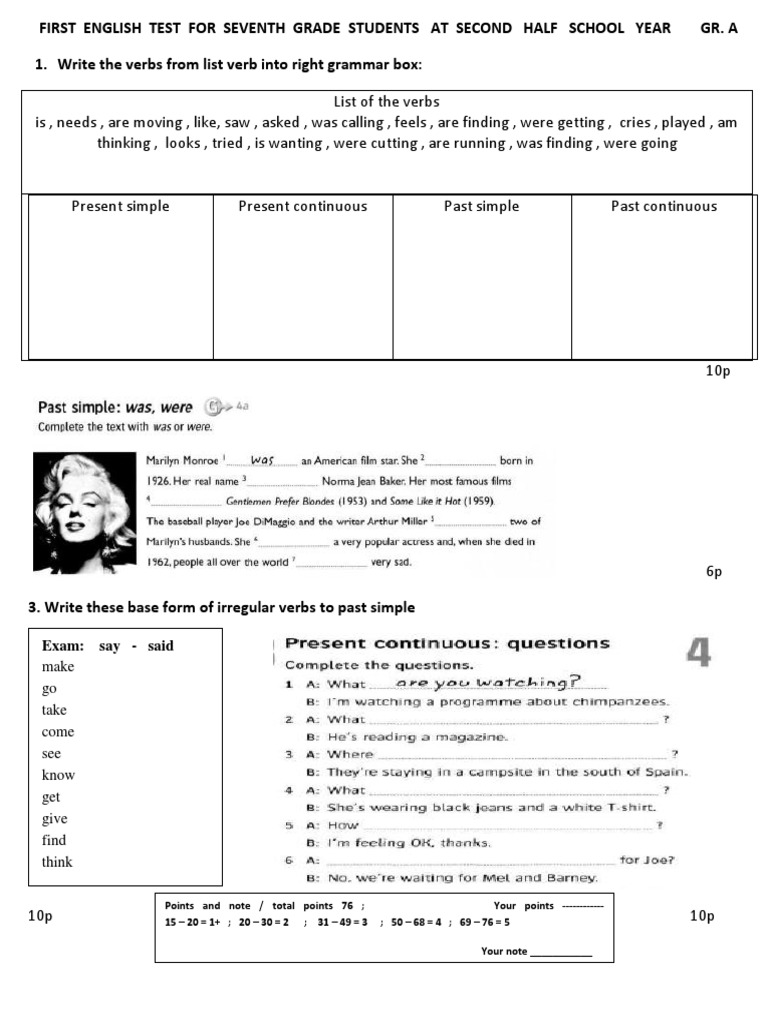 First English Test For Seventh Grade Students at Second Half School ...
