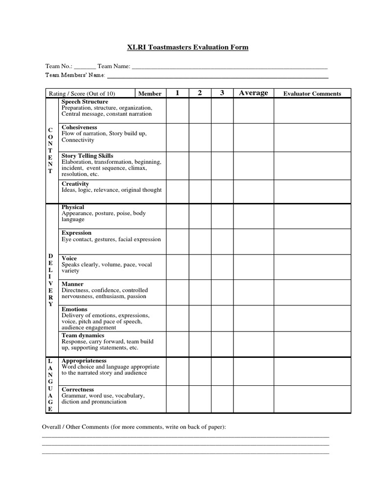 XLRI Toastmasters Evaluation Form: 1 2 3 Average | PDF