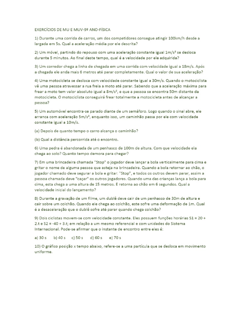 Exercícios de Mu e Muv-9º Ano | PDF