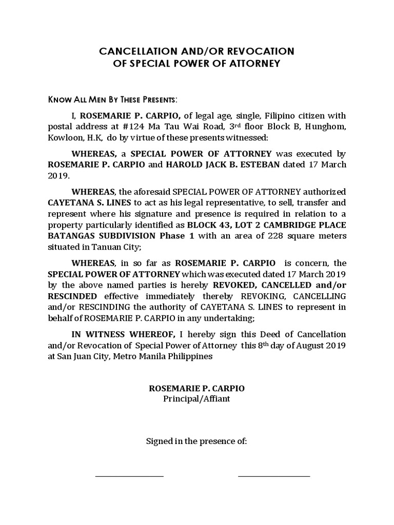 Cancellation And/Or Revocation of Special Power of Attorney: NOW LL EN ...
