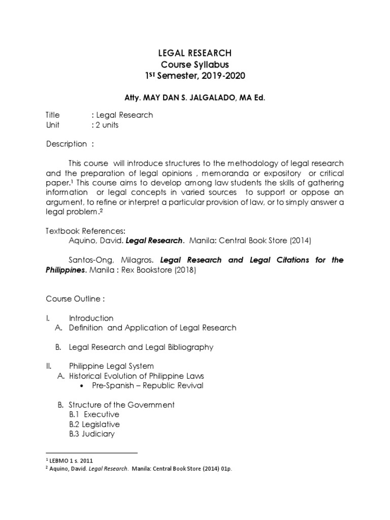 Legal Research Course Syllabus 2019-2020 | PDF | Precedent | Justice