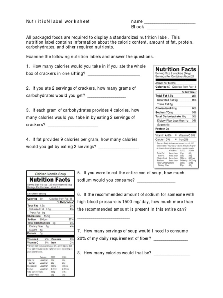 Nutrition Label Student Worksheet | PDF | Nutrition Facts Label | Food ...