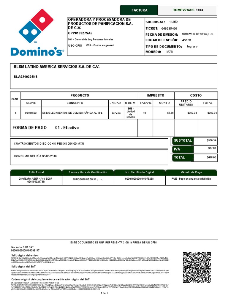 Factura Pizza 190606 | PDF | Peso mexicano | Factura
