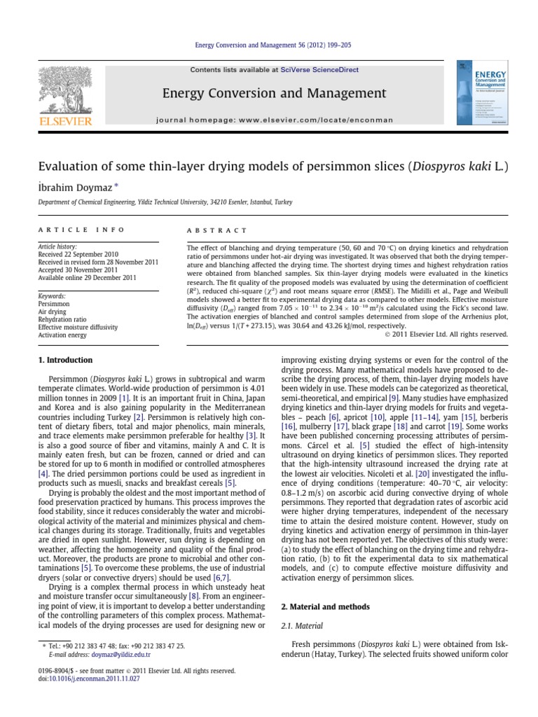 Evaluation of Some Thin Layer Drying Models of Persimmon Slices Diospyros Kaki L 2012 Energy ...