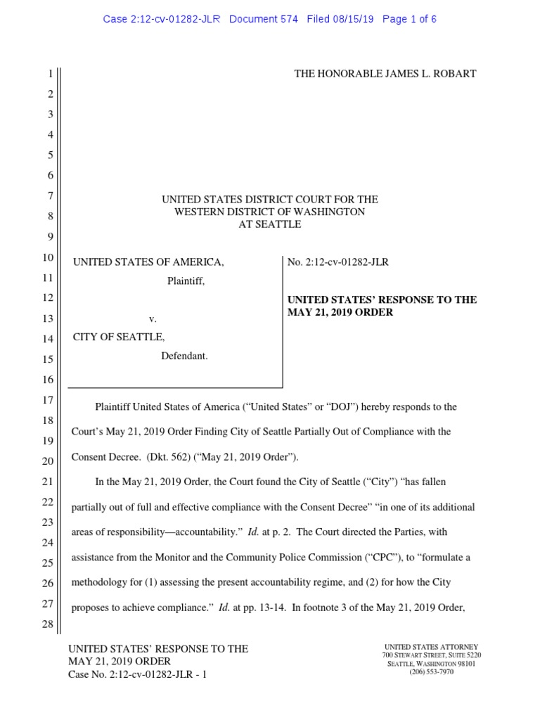 DOJ Seattle consent decree respond 8-15-19 | Consent Decree | Use Of Force