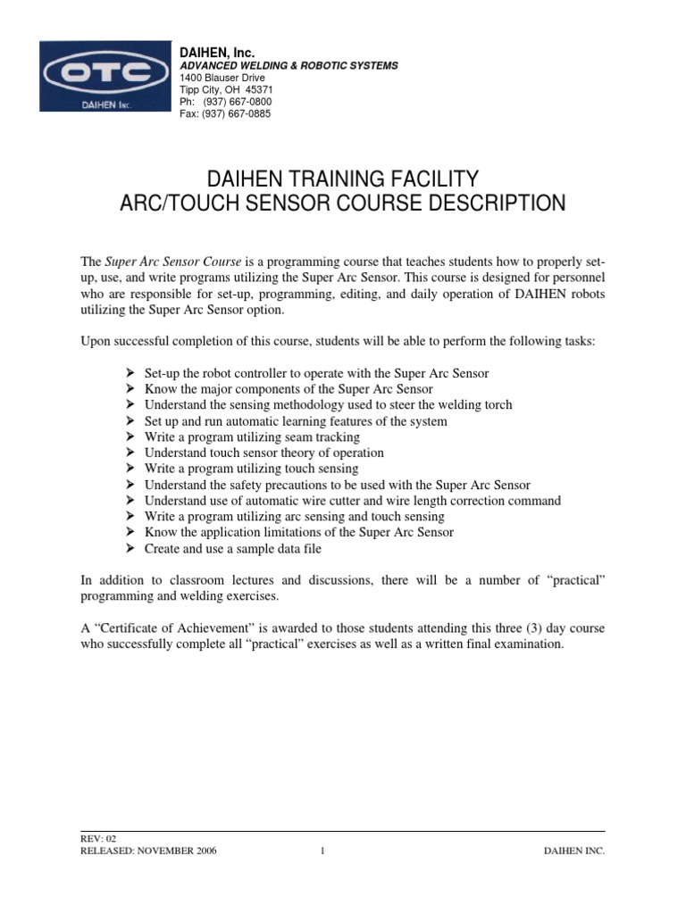 Daihen Training Facility Arc/Touch Sensor Course Description | PDF ...