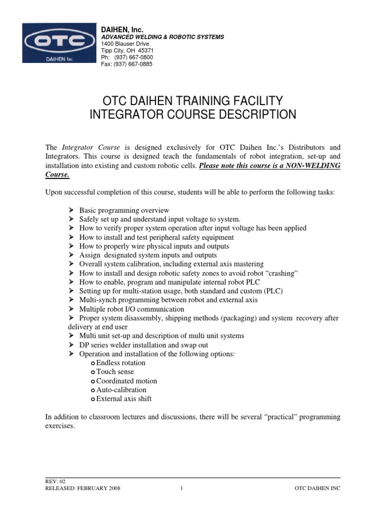 Otc Daihen Training Facility Integrator Course Description | PDF ...