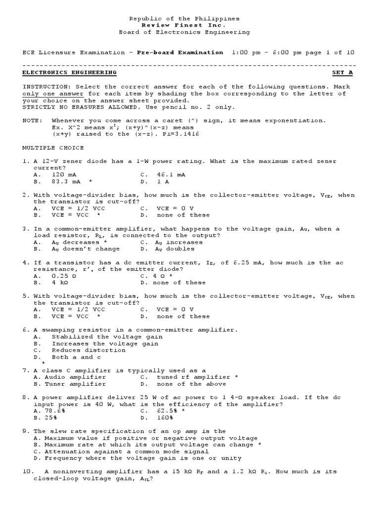 ECE Board Exam Questions Set A | PDF | Amplifier | Operational Amplifier