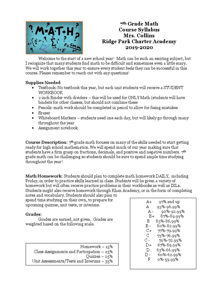 7 Grade Math Course Syllabus Mrs. Collins Ridge Park Charter Academy ...