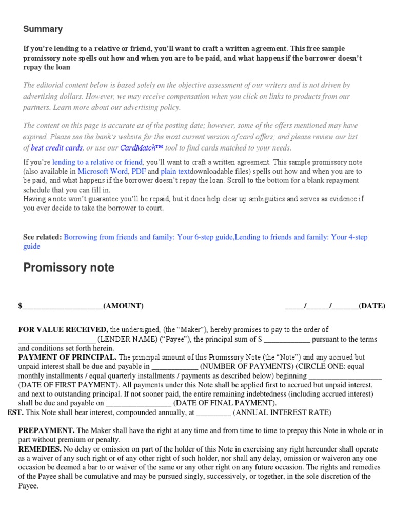 Promissory Note: Best Credit Cards Cardmatch™ | PDF | Promissory Note ...