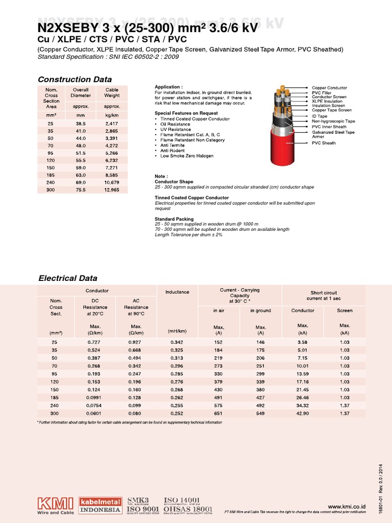 N2XSEBY 3 X (25-300) MM 3.6/6 KV: Cu / Xlpe / Cts / PVC / Sta / PVC | PDF | Electrical Conductor ...