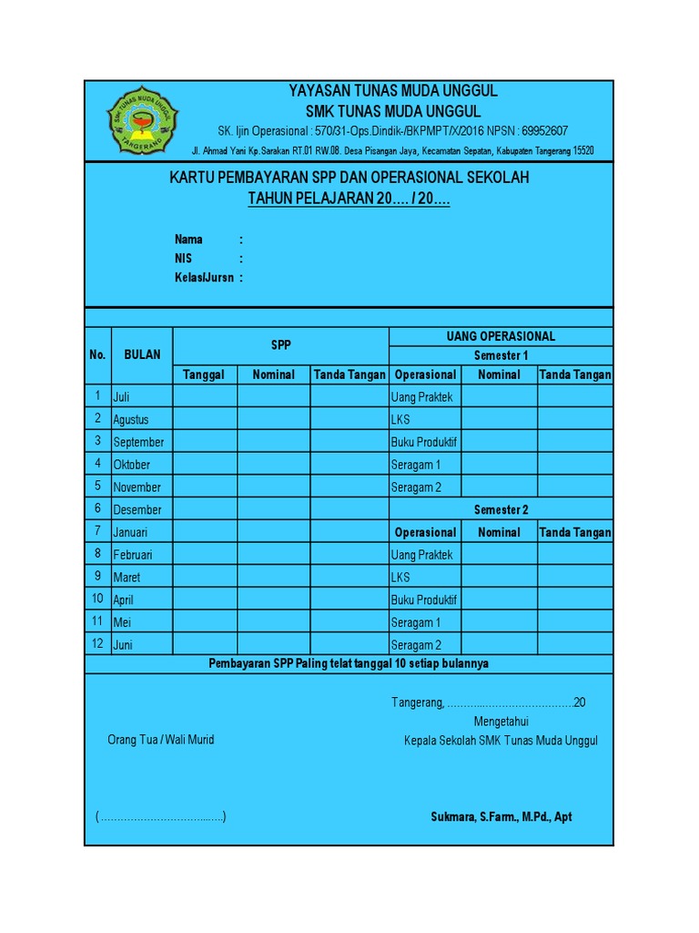 Kartu Pembayaran SPP Sekolah SMK | PDF
