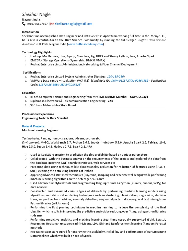 Resume | PDF | Apache Hadoop | Apache Spark