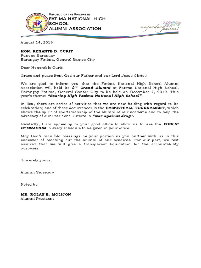 Alumni Request Letter in Gym