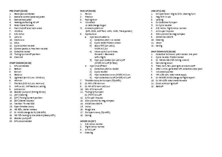 PRE START RUN UP LINE UP HELICOPTER CHECKLIST | PDF | Vehicles ...