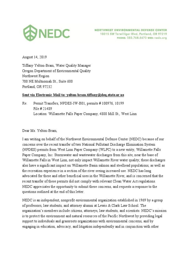 NEDC Letter - NPDES Permit Transfers - West Linn Paper | PDF | Clean Water Act