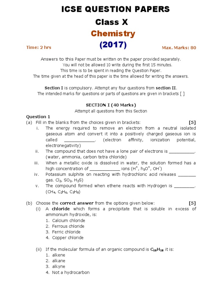 Icse Question Paper Chemistry Solved 2017 | PDF | Ion | Hydroxide