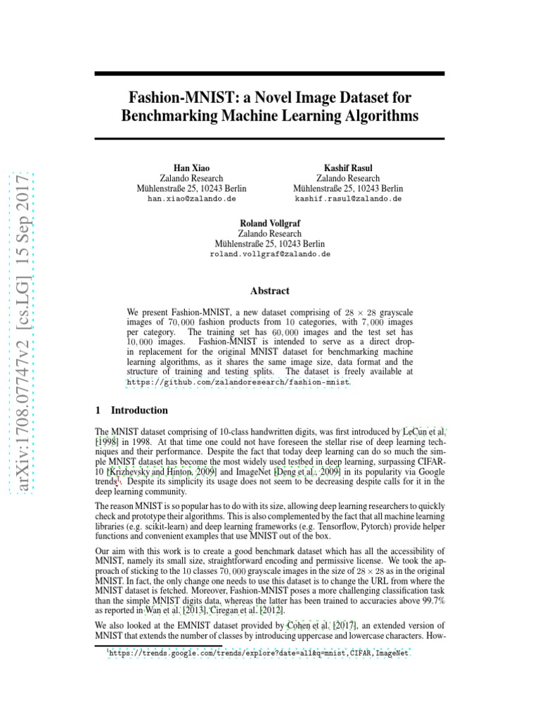 Fashion-MNIST: New Dataset for ML Benchmarking | PDF | Computational ...